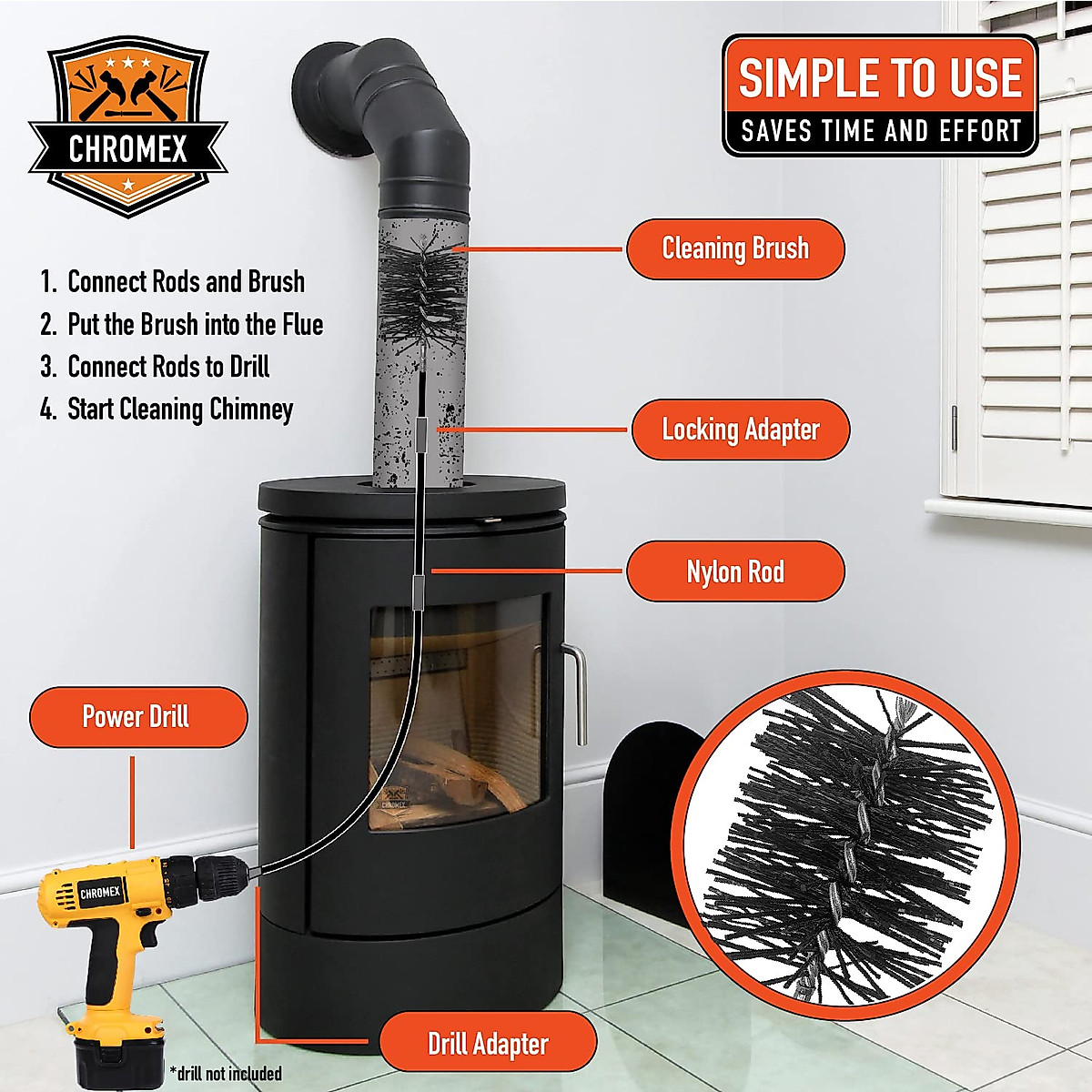 Chromex 6-Inch Chimney Sweeping Brush - Durable Poly Bristles, Standard 1/4" NPT Fitting