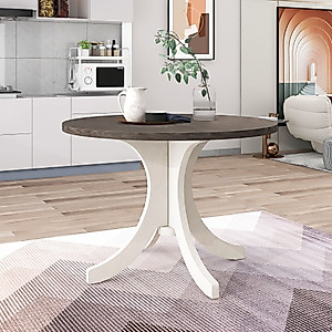 VilroCaz Modern Dining Table Set for 4, Mid-Century Solid Wood 5-Piece Round Set, 42'' with 4 Upholstered Chairs, Anti-Slip Pad and Splayed Feet Small Places (Brown-White)