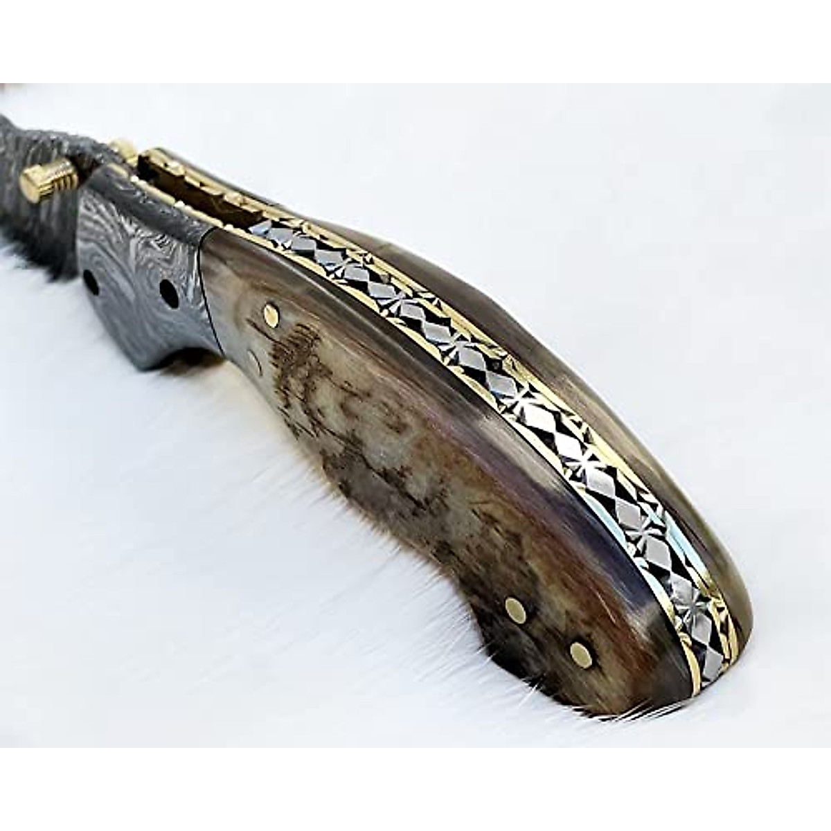 Damascus Steel Folding Pocket Knife With Ram Horn Handle - 100% Handmade Gift Knives for Men With Leather Sheath - 7.5 inches Knives For Hunters - Perfect for Any Occasion, Birthday, Anniversary, Wedding, Graduation