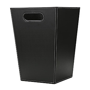 KINGFOM Classic Pu Leather Trash Can Wastebasket, Garbage Container Bin with Handles for Bathrooms, Powder Rooms, Kitchens, Home, Office and and High Class Hotel Square Black