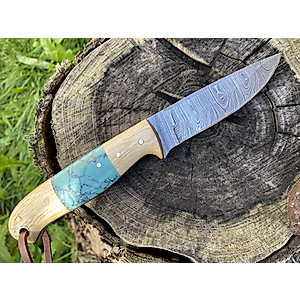 Perkin Damascus Hunting Knife With Sheath Fixed Blade Knife Bushcraft Knife Full Tang - T100