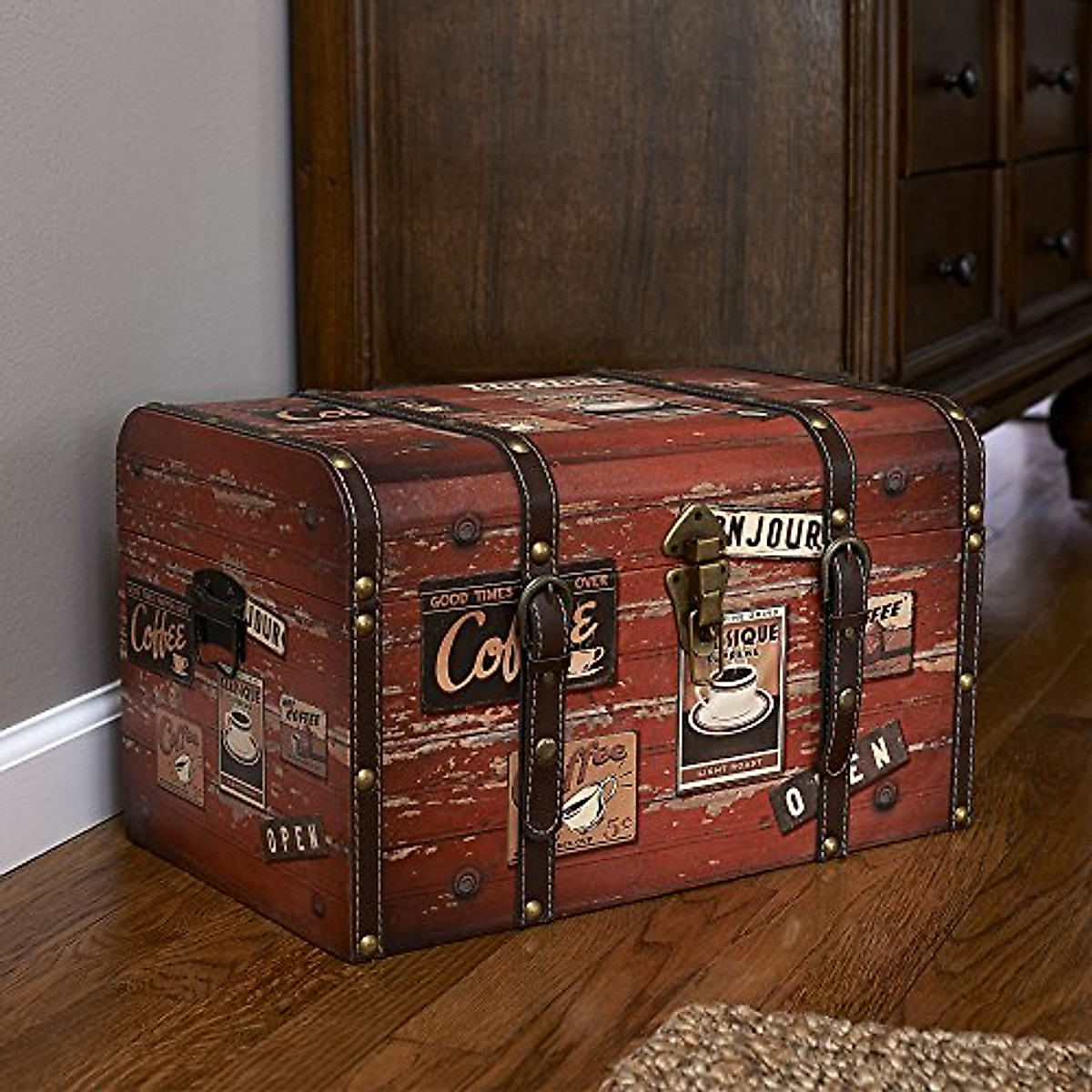 Household Essentials 9245-1 Medium Decorative Home Storage Trunk - Luggage Style - Coffee Shop Design , Orange