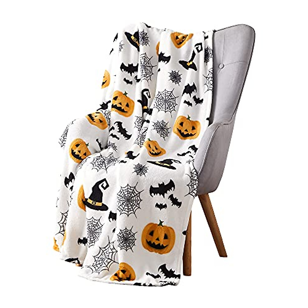 Haunted Halloween Throw Blanket: Spider Webs Witch's Hat Black Bats and Decorated Pumpkins Print on Soft Velvet Fleece Throw Blanket