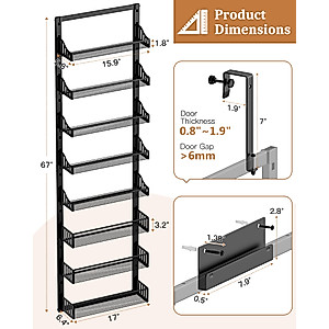 POKIPO 8-Tier Over the Door Pantry Organizer, Large Metal Door Spice Rack with Adjustable Basket, 2 in 1 Wall Mount or Hanging Heavy-Duty Pantry Door Storage Shelf for Kitchen and Bathroom, Black