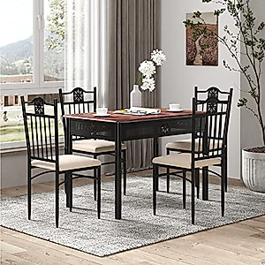 Tangkula 5 Pieces Dining Table and Chairs Set, Vintage Retro Wood Top Metal Frame Padded Seat Dining Table Set Home Kitchen Dining Room Furniture