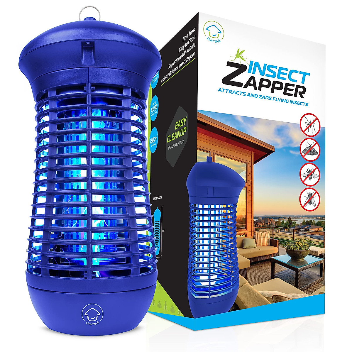 Livin’ Well Bug/Mosquito Zappers 2 Pk - 2 Electric UV Light Bulb with 1250 Sq. Feet Range, UV-A Bulb and Detachable Insect Trap, 1200V Outdoor and Indoor Bug Zapper Fly Killer