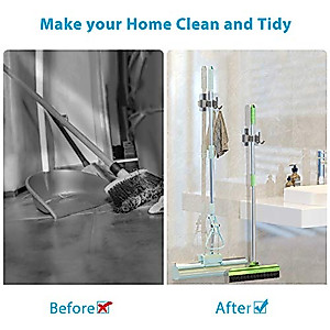 Mop Broom Holder No Drill SUS304 Stainless Steel, HOMEASY Mop Broom Organizer Wall Mounted Heavy Duty with Hooks Hanger, Storage Rack Self Adhesive 4Pcs for Bathroom, Kitchen, Office, Silver