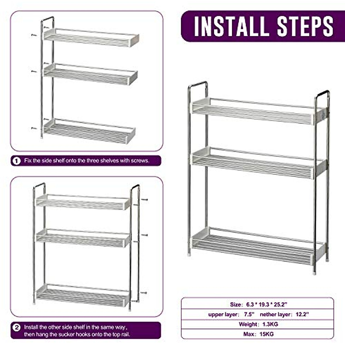 Titanmall 3 Tier Silver Slim Storage Unit Mobile Shelving Unit Organizer Slide Out Storage Tower Rack for Kitchen Bathroom Laundry Narrow Places
