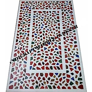 48" x 30" Inch White Marble Dining Table/Coffee Table Italian Pietra Dura Design Outdoor Indoor Table, Office Table, Conference Table