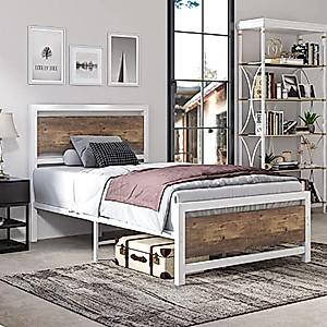 HOMBCK White Twin Bed Frame with Headboard, White Metal Bed Frame Twin with Heavy Duty Slats, Twin Bed Frame No Box Spring Needed, Easy Assembly, White