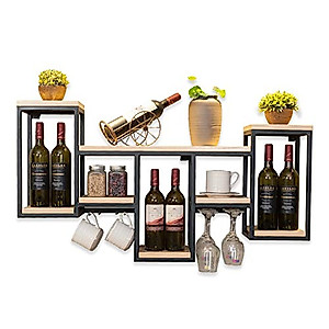 Wine Holder Wine Bottle Glass Rack, Wood Metal Combined Wall Storage Shelf Holder, Wine Cabinet Wall-Mount Wine Goblet Stemware Rack