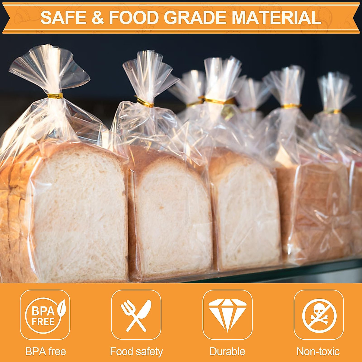 vivinin 70 Pack Bread Bags & 100 Pack Ties, 8" x 4" x 18" Clear Bread Bags for Homemade Bread, Reusable Plastic Bread Bags, Bread Loaf Bags, Bread Storage Bags for Bakers, Bakery Owners