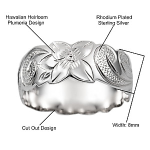 Aloha Jewelry Company Sterling Silver 8mm Hawaiian Princess Plumeria Flower Scroll Ring Stackable Wedding Band (Silver, 7)