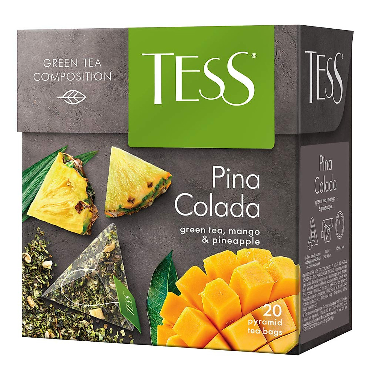 Tess Pina Colada Green Tea Composition Mango and Pineapple Leaf Tea in 20 Pyramid Sachets