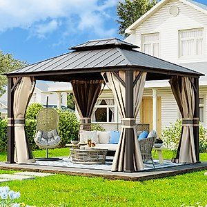 UDPATIO 10' x 12' Hardtop Gazebo, Outdoor Aluminum Gazebo with Galvanized Steel Double Roof, Permanent Metal Canopy with Curtains and Netting for Patio, Garden, Lawn, Backyard, Deck, Beige