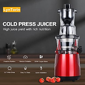 LynTorin Cold Press Juicer Machine, Slow Juicer Cold Press with 3.2" Wide Feed Chute, 200W Slow Masticating Juicer Machine for Vegetable and Fruit, Juicer Machine for Home Use with Brush, Easy to Clean