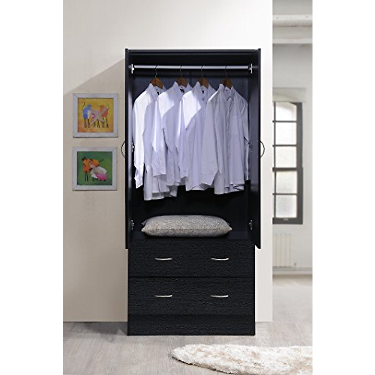 HODEDAH IMPORT Two Door Wardrobe, with Two Drawers, and Hanging Rod, Black