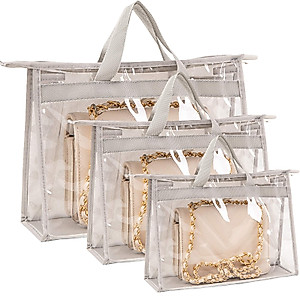 Regilt 3 PCS Transparent Handbag Storage Organizer Space-Saving Dust Cover Bag Dust-Proof Purse Storage Bag with Zipper and Handle (Grey, 3)