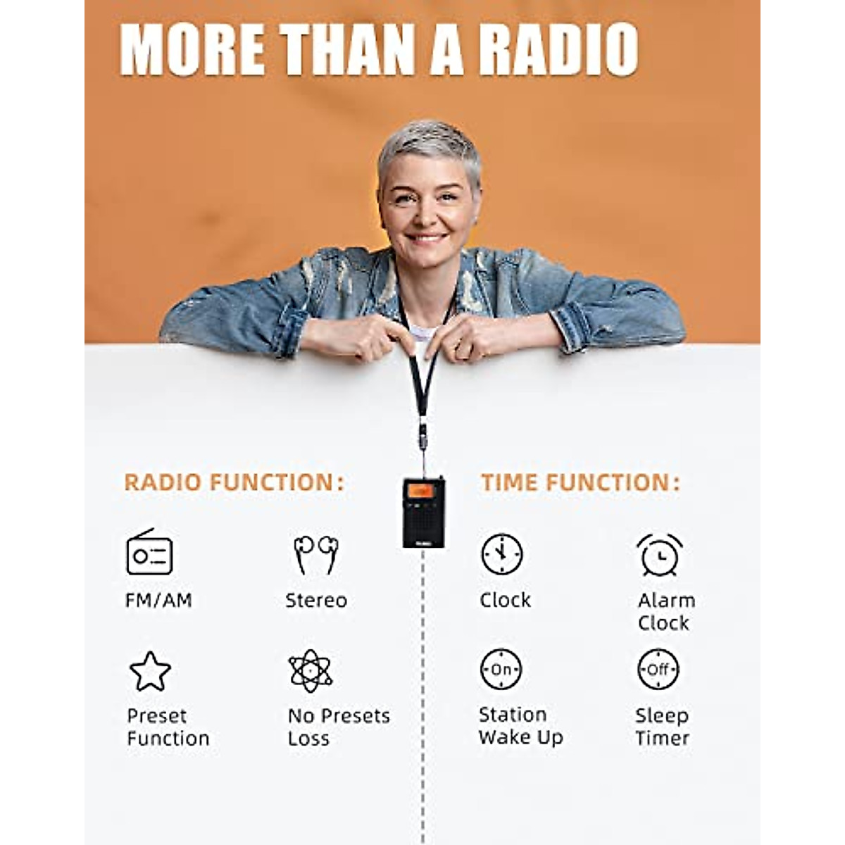 【July Newest】 PRUNUS Pocket Radio AM FM with Earphones, Digital Radio Battery Operated, Walkman Portable Radio with Preset, Timer, Alarm Clock, Lock Button and Lanyard for Walk/Sports Match/Traveling