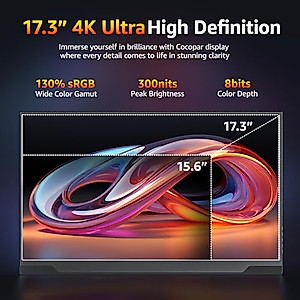 cocopar Portable Monitor 4K - 17.3 Inch UHD FreeSync HDR IPS 130% sRGB 3840x2160 Lightweight Eye Care Computer Display with Type-C Mini DP HDMI for Xbox PS4/5 Switch Laptop PC Mac, with Smart Case