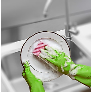 Cleanbear Synthetic Rubber Gloves, Medium Size, 11.8 Inches, 3 Pairs 3 Colors for Spring Cleaning, Dishwashing and Other Home Cleaning Use