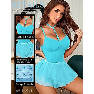 Avidlove Womens Lingerie Sets with Removable Mesh Skirt Sexy Babydoll Lingerie with Snap Crotch(Light Blue,L)