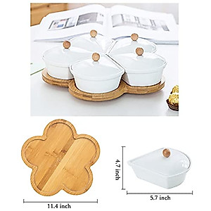 WMM 11 Inch Ceramic Divided Serving Dishes with Bamboo Tray and Lids, 5 Removable Snack Bowls Relish Tray for Candy, Nut, Fruits, Chips and Dip
