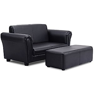 Costzon Kids Couch with Footstool, 2 in 1 Double Seat Children's Sofa w/PU Leather Surface, Armrest Chair Lounge for Preschool Bedroom Kids Room Toddlers Boys Girls Birthday (Black)