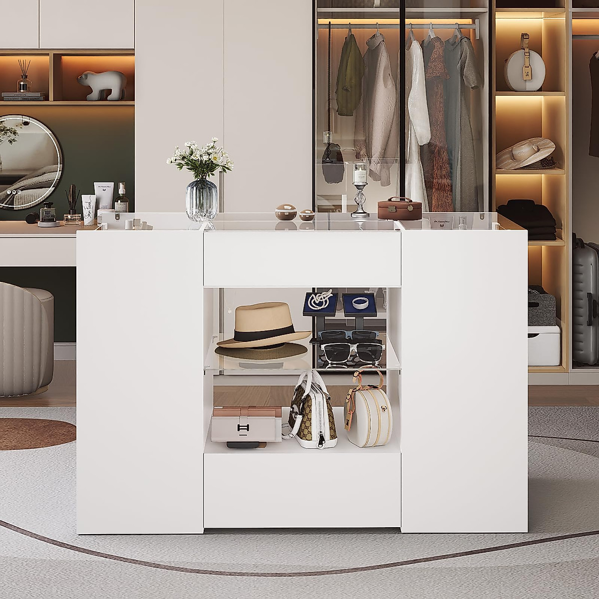 LIVAUVEAD Closet Island with Drawers, Wardrobe Armoire Bedroom Island, Glass Display Shelf & 12 Drawers, White Dresser with Glass Top, Walk-in Closet Island for Bedroom, Cloakroom