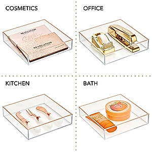 mDesign Plastic Drawer Organizer, Square Storage Tray for Cosmetics, Makeup, and Accessories on Vanity, Countertop, Bathroom, or Cabinet - 3 Pack - Clear/Rose Gold