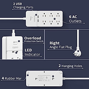 NTONPOWER 25 Ft Extension Cord Flat Plug, Surge Protector Power Strip with 6 Outlets 2 USB, 1875W/15A Circuit Breaker Overload Protection, 1080J, ETL Listed, Wall Mount for Home Office and Workbench