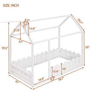 MERITLINE Twin House Bed for Kids Wood Playhouse Bed Frame with Rails & Roof, Montessori Floor Bed for Girls Boys Teens (White)