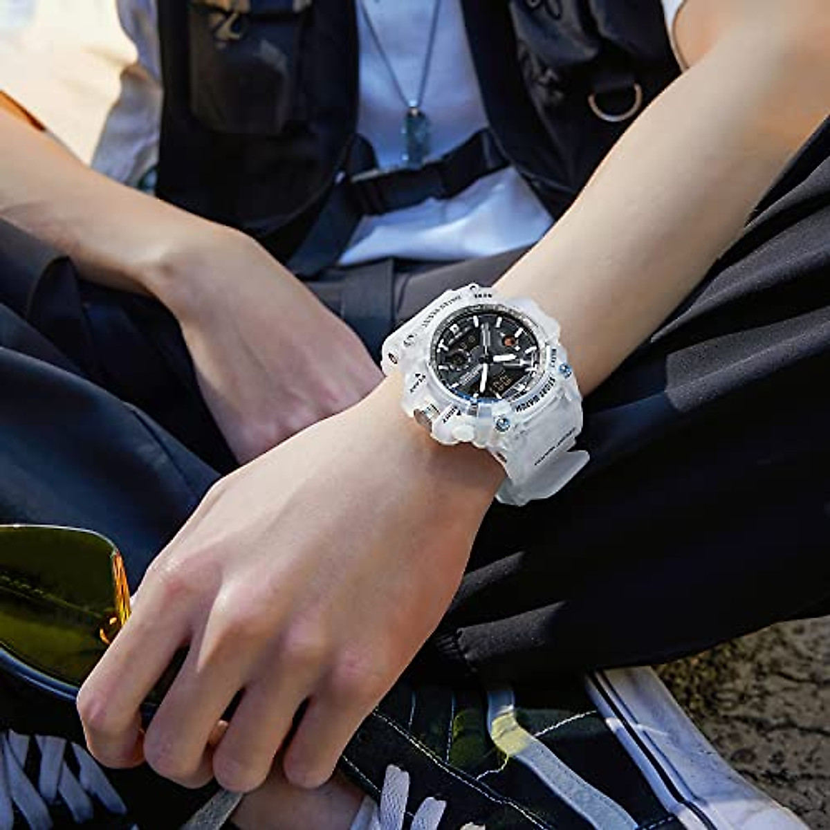 KXAITO Men's Analog Sports Watch Military Watch Outdoor LED Stopwatch Digital Electronic Large Dual Display Waterproof Tactical Army Wrist Watches for Men 3179 (Translucent White)