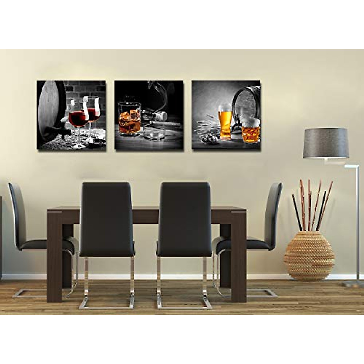 Kitchen Wall Decor Red Wine Cups 3 Piece Black and white Lighted cigarette Canvas Prints Modern Framed Wall Art Pictures Paintings Wine Glass Barrel for Home Decoration