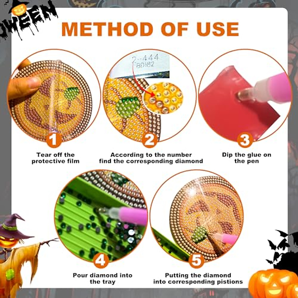 7 FloFairy Diamond Painting Coasters with Holder, Halloween DIY Diamond Art Kits for Beginners, Adults, Kids Small Diamond Painting Kit Art Craft Holiday Supplies (6PCS)