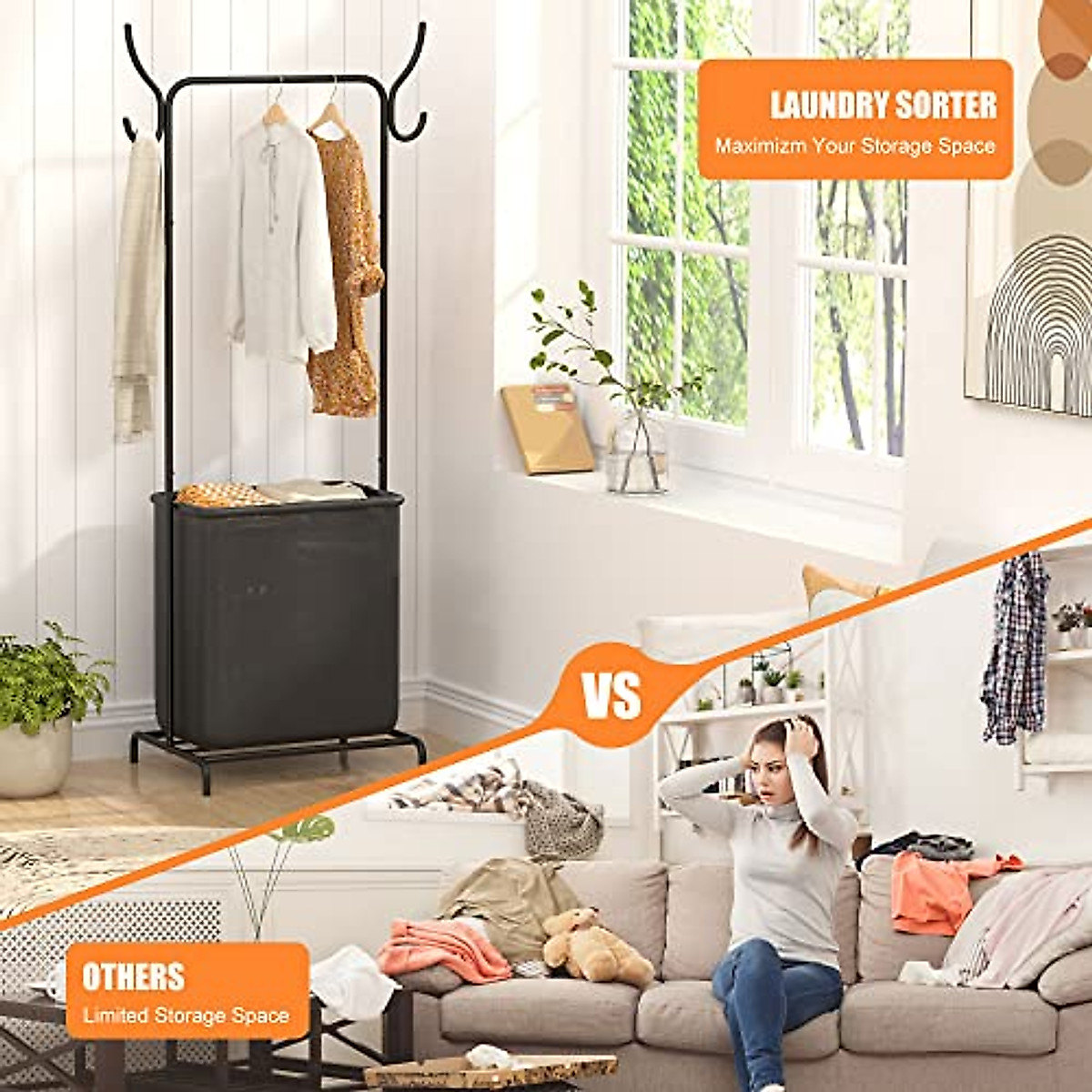 Waktavel Laundry Cart with Hanging Rack, Freestanding Laundry Hamper with Clothing Rack, Laundry Sorter with Hanging Bar and 2 Side Hook for Living Room Bedroom Entrance