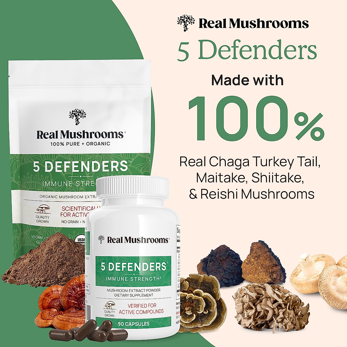 Real Mushrooms Turkey Tail (45g) and 5 Defenders (45g) Mushroom Extract Powder Bundle - Mushroom Supplement for Immune Strength - Vegan, Non-GMO Immunity Supplement