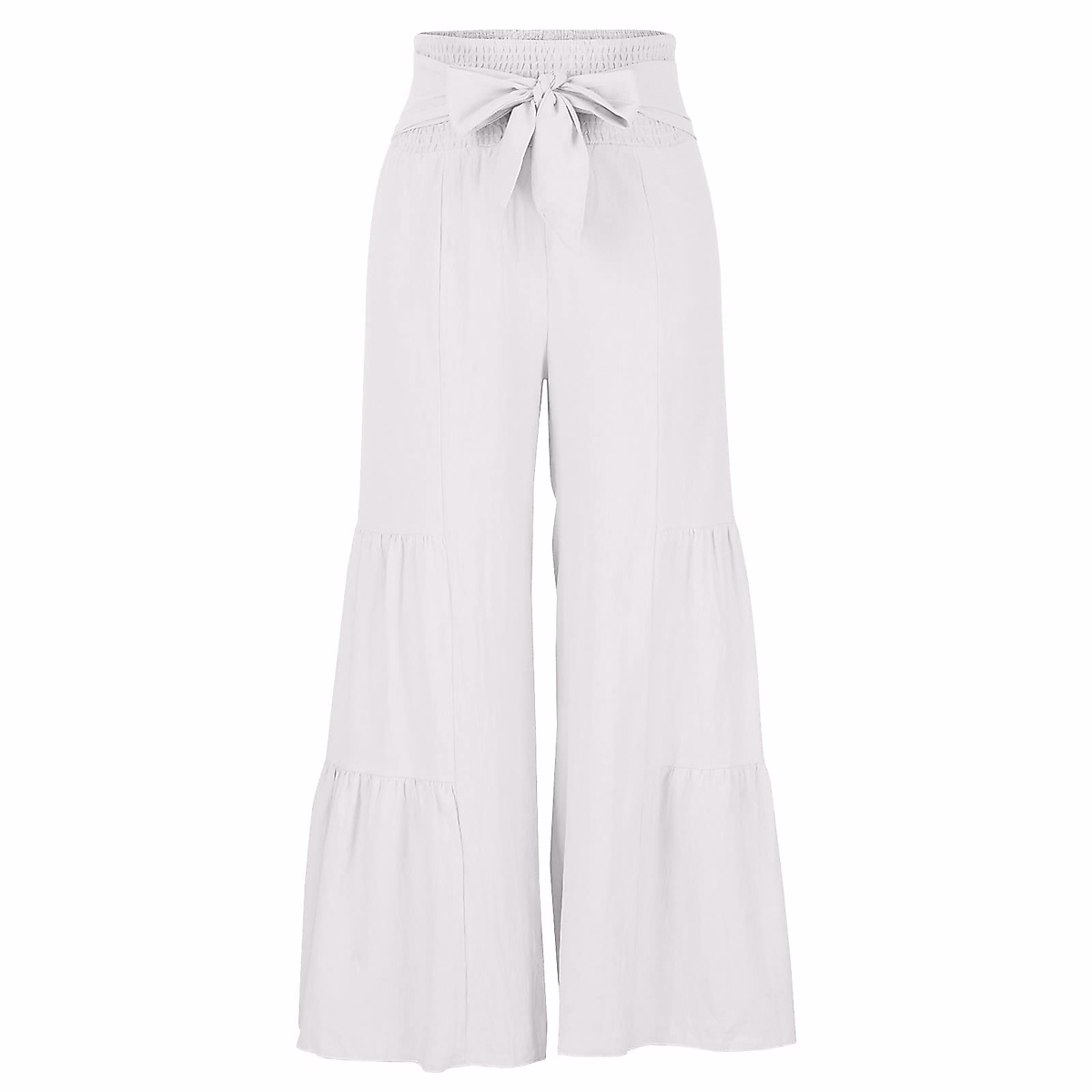 XUNRYAN Women's Linen Wide Leg Paper Bag Pants Elastic High Waisted Palazzo Pants Tiered Lounge Yoga Trousers with Pockets White