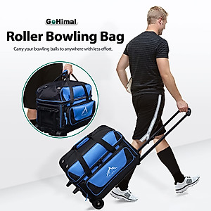 GoHimal Double Roller 2 Ball Bowling Bag with Separate Shoe Compartment for Bowling Shoes (Up To US Mens Size 15) and Oversized Accessory Pocket, Retractable Handle - Extends to 40" (Black-Blue)