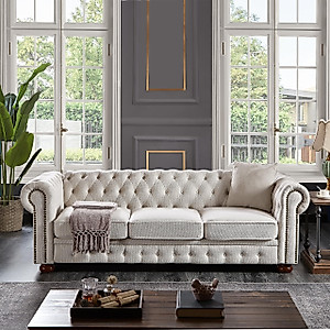 kevinplus 88.5'' Chesterfield Sofa Couch for Living Room, Classic Modern 3-Seat Upholstered Tufted Rolled Arm Sofa Couch for Apartment Bedroom Office, Solid Wood Leg, Linen Fabric, Beige