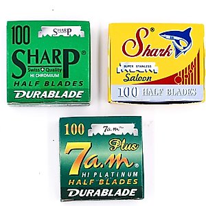 Straight Edge Barber Razor/Shavette Razor Blade Variety Pack - 300 Blades - 100 Each of Shark, Sharp & 7 a.m. Half Blades for Shavette and Professsional Replacable Blade Barber Razors