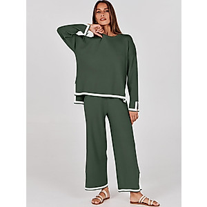 ANRABESS Women's Two Piece Outfits Long Sleeve Knit Pullover Sweater Tops & Wide leg Pants Casual Lounge Matching Sweatsuit Tracksuits Sets Army Green Large