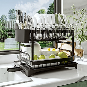 CHIACHIA Dish Drying Rack for Kitchen Counter, 2 Tier Dish Drying Rack with 2 Drainboard, Dish Rack and Drainboard Set with Knife and Fork Holder, Black Carbon Steel Large Capacity Dish Drainer