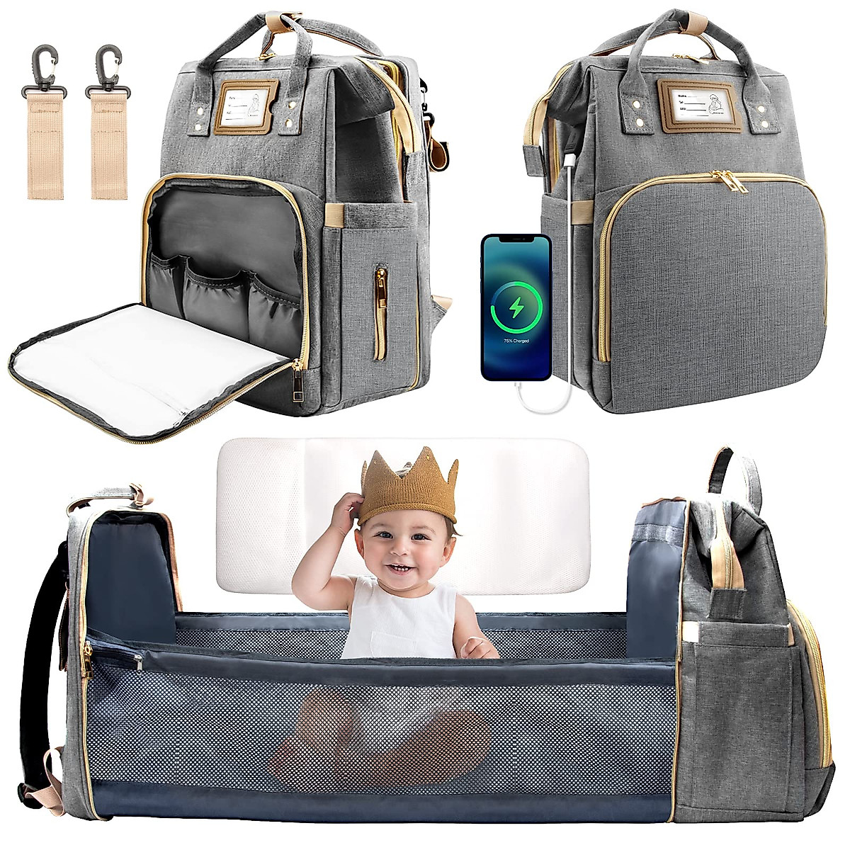 DAVFUN Diaper Bag Backpack with Changing Station, Portable Foldable Baby Bags for Boys, Large Capacity Waterproof Travel Bags with Changing Pad and Stroller Straps for Mom Dad (Grey)