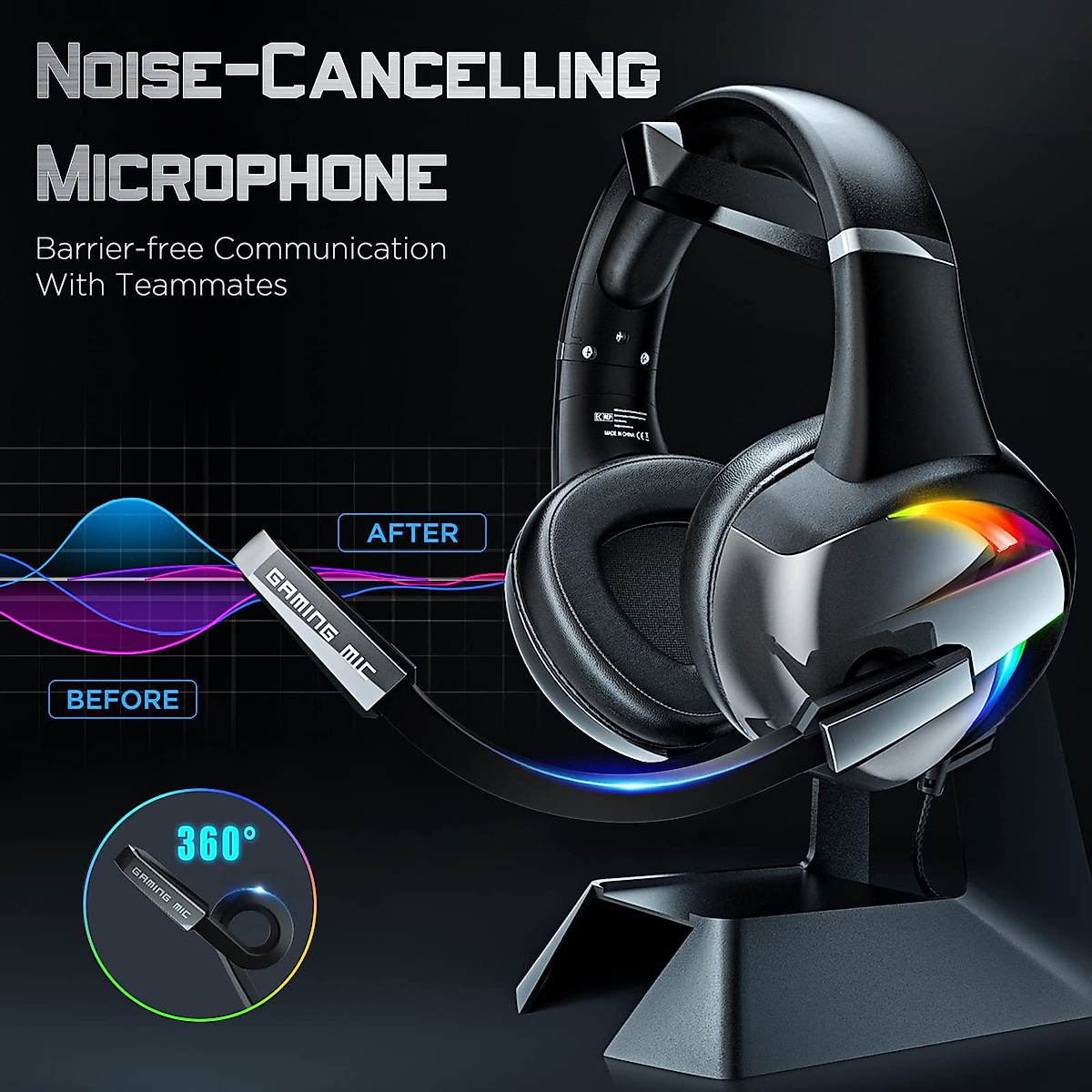 Tatybo Gaming Headset PS4 Xbox One Headset with Stereo Bass Surround Sound, Gaming Headphones with Noise Canceling Mic for PS4 PS5 Xbox One PC Laptop Mac - RGB LED Light