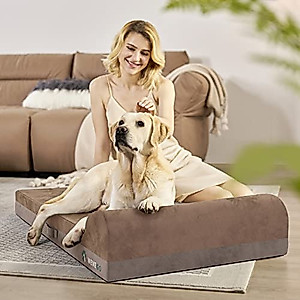 Orthopedic Dog Bed, Large Dog Bed with Pillow, Thicken Gel Memory Foam Flannel Fabric Dog Bed, Durable Waterproof Liner & Removable Washable Cover with Anti-Slip Bottom, Sizes Large Brown