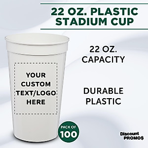 DISCOUNT PROMOS Custom Large Plastic Stadium Cups 22 oz. Set of 100, Personalized Bulk Pack - Perfect for Birthdays, Picnic, Beach, Parties - White