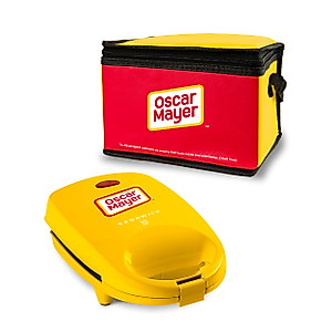 Nostalgia Oscar Mayer Sandwich Maker with Beverage Cooler Bag, 5-Inch Nonstick Cooking Surface with Indicator Lights and Lock Feature, Lunch and Beverage Tote Included, Yellow