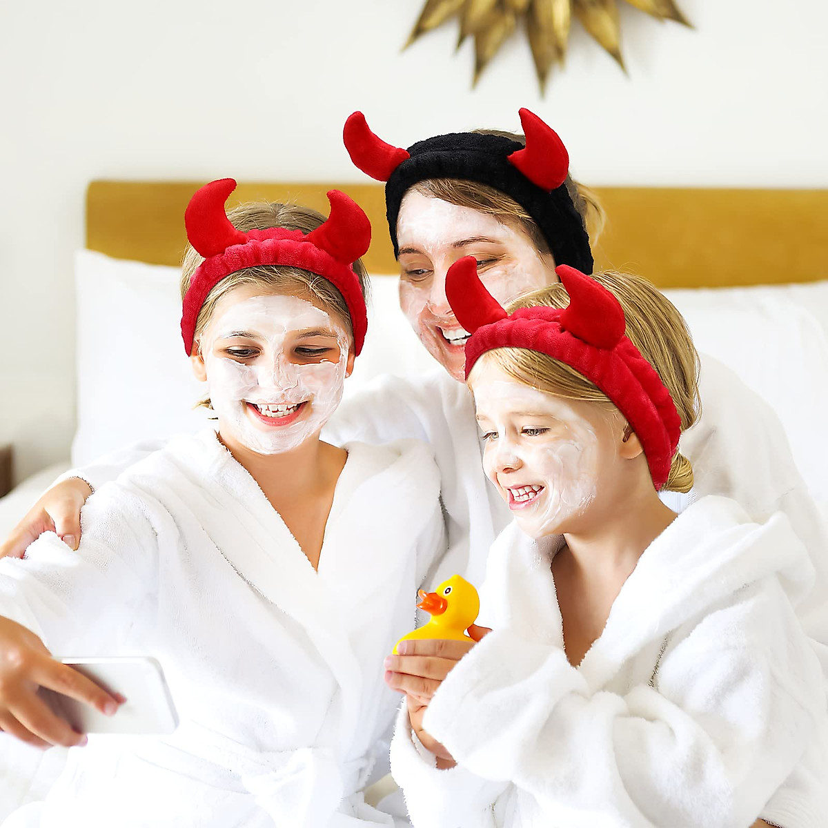 Beaupretty 2 Pack Spa Headband for Women, Devil Horns Facial Headband Face Wash Headband Makeup Cosmetic Shower Soft Hair Band (Black, Red)