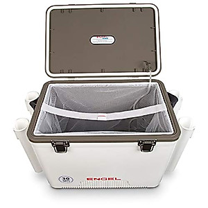Engel 30qt Live Bait Cooler Box with 2nd Gen 2-Speed Portable Aerator Pump and 4 x Fishing Rod Holder Attachments. Fishing Bait Station and Minnow Bucket in LBC30-RH in White